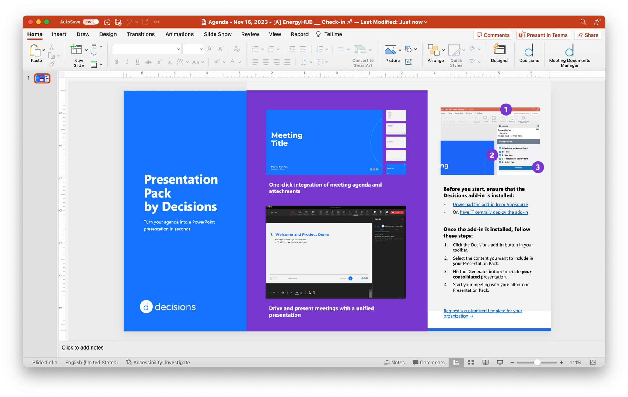 Using Presentation Pack to generate slides for your meeting