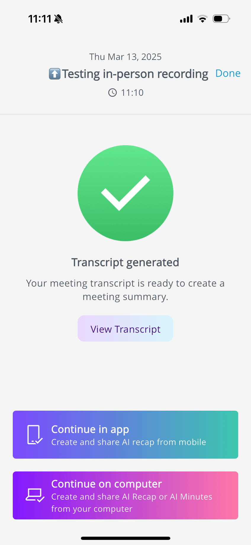 Creating Recap or AI Minutes from an in-person meeting