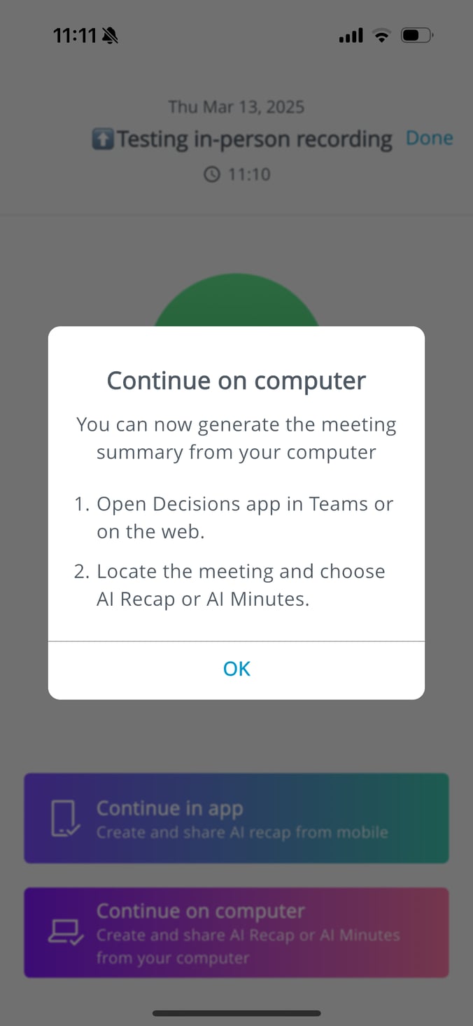 Creating Recap or AI Minutes from an in-person meeting