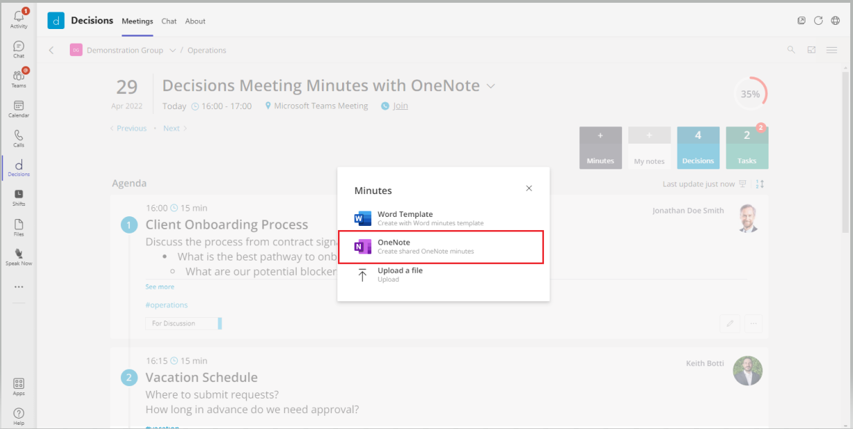 Create meeting minutes in OneNote